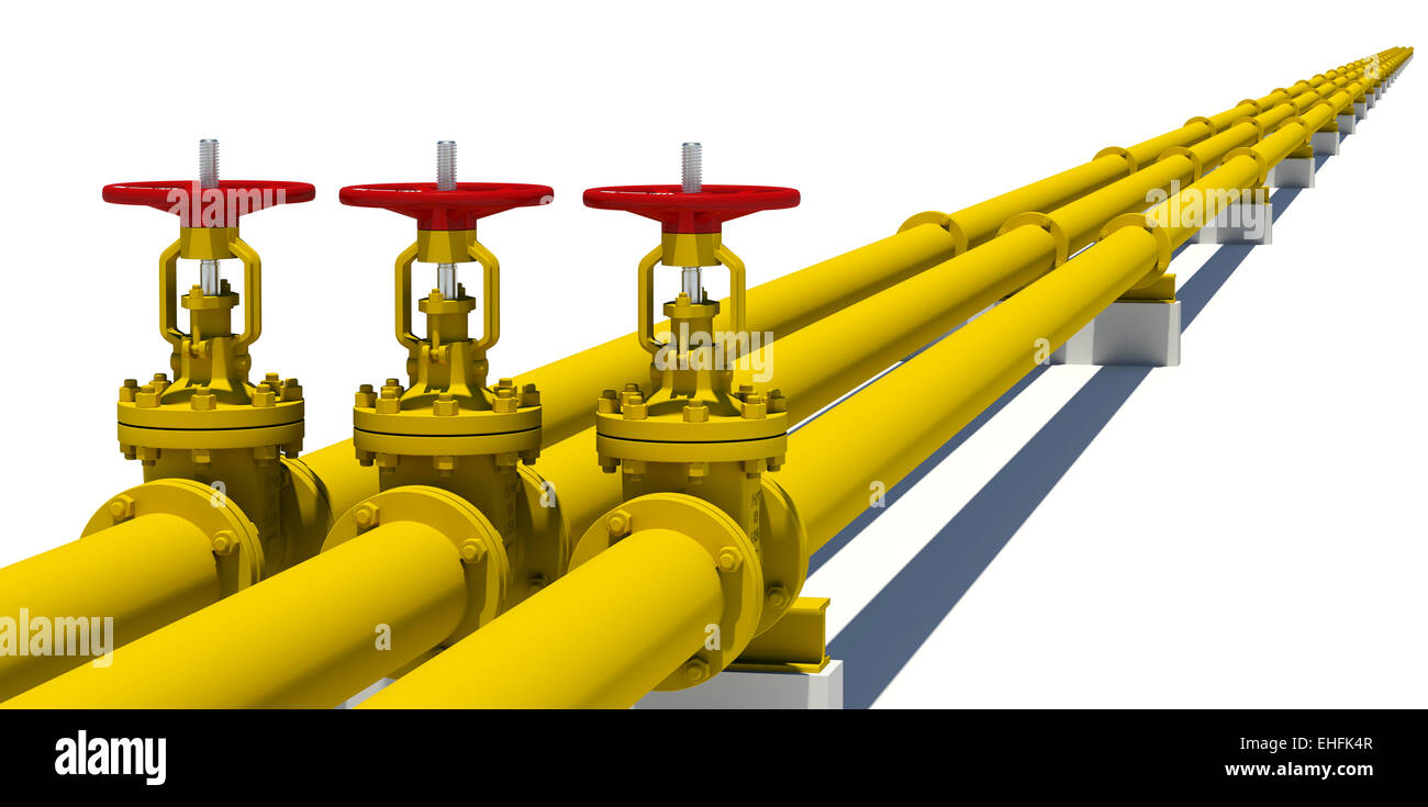 Three yellow pipes with valves Stock Photo - Alamy