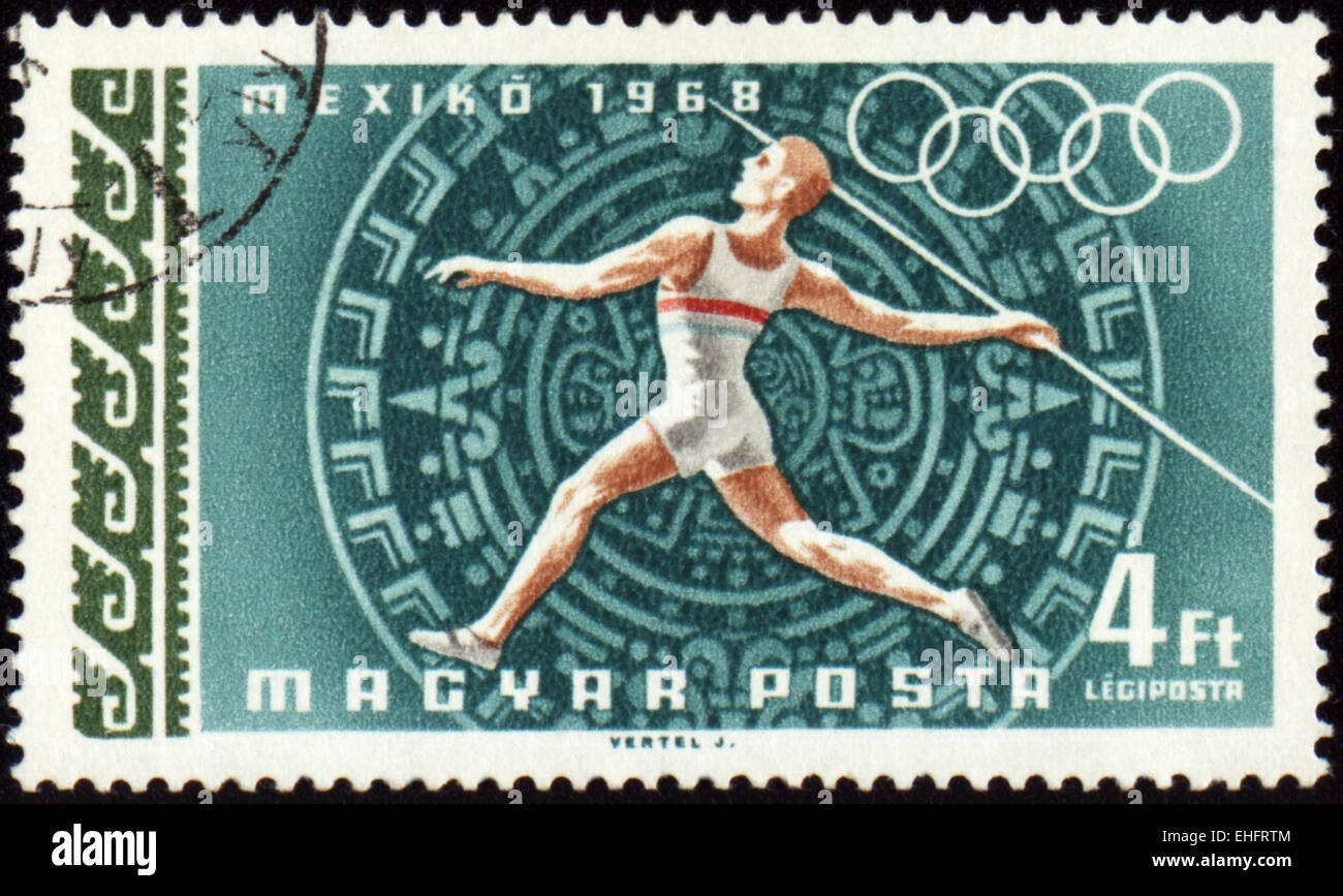HUNGARY - CIRCA 1968: A post stamp printed in Hungary shows javelin ...