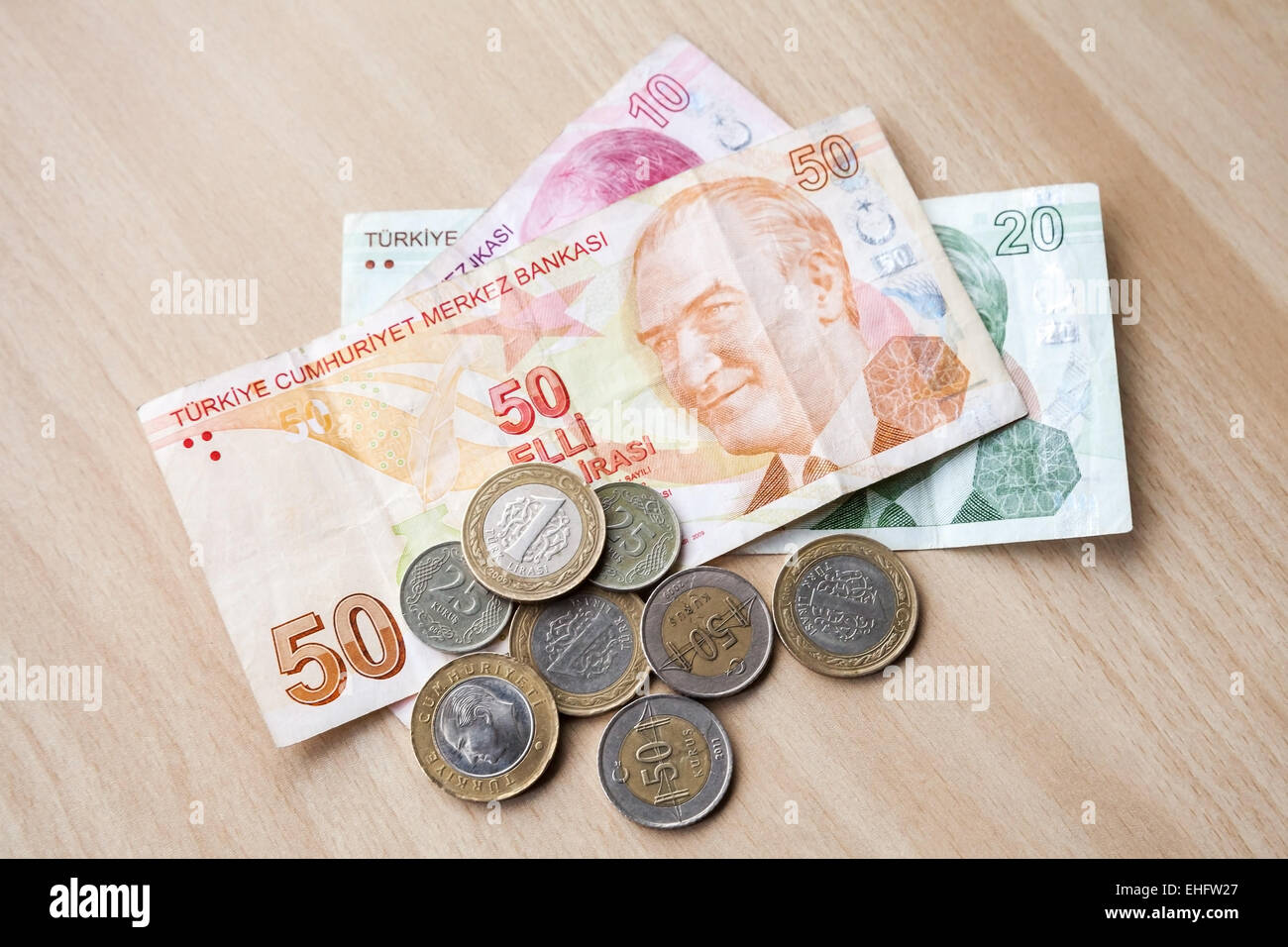 Different banknotes and coins. Turkish national money on wooden table ...