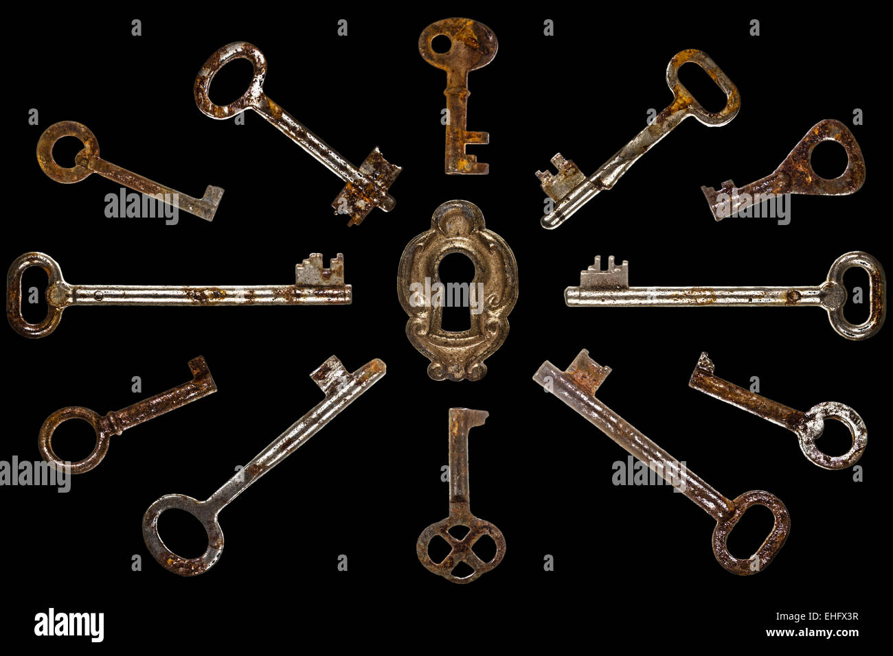 Set of old keys, isolated on black background Stock Photo - Alamy