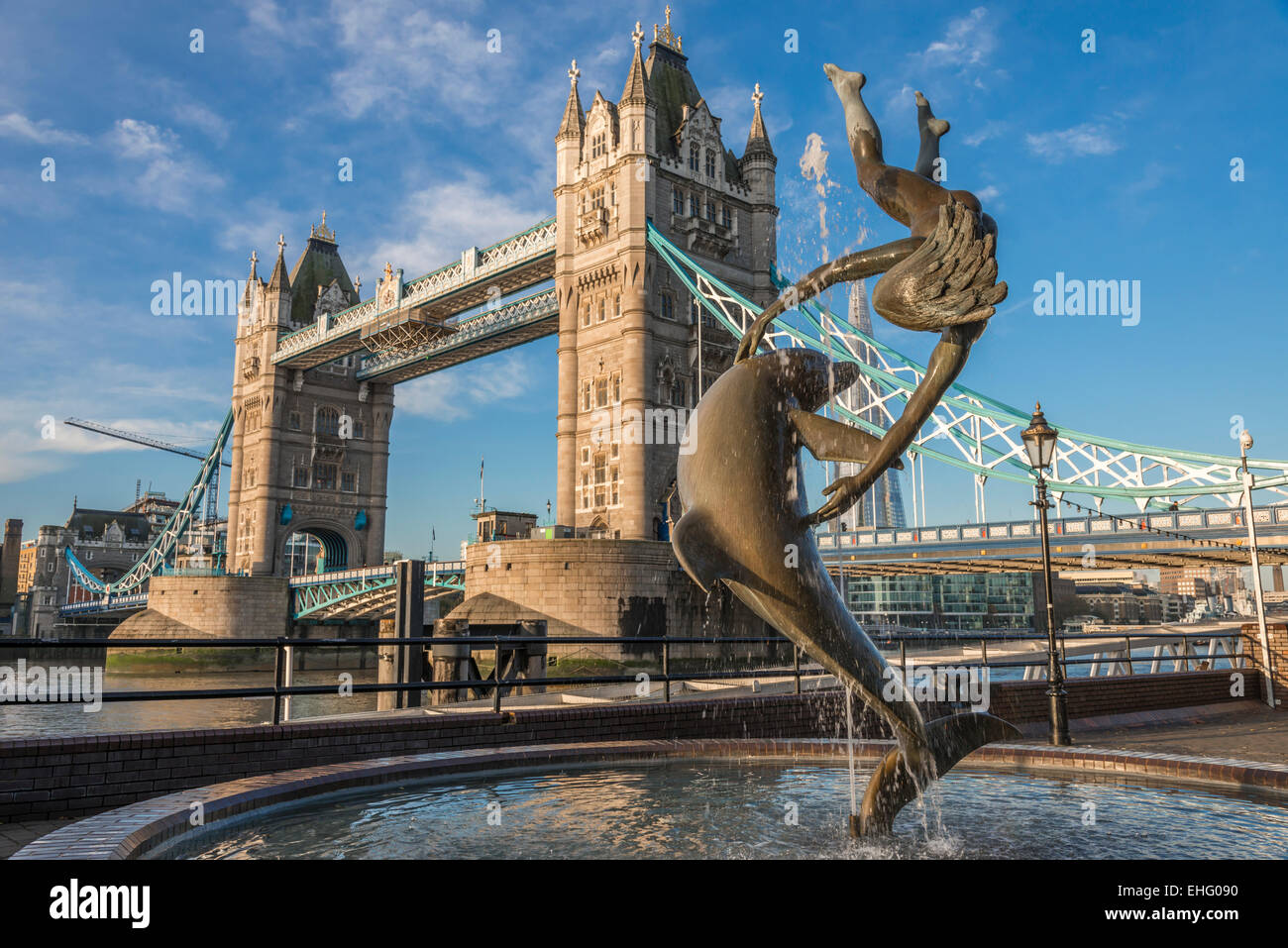 Sculpture of girl and dolphin on the north bank of River Thames in ...