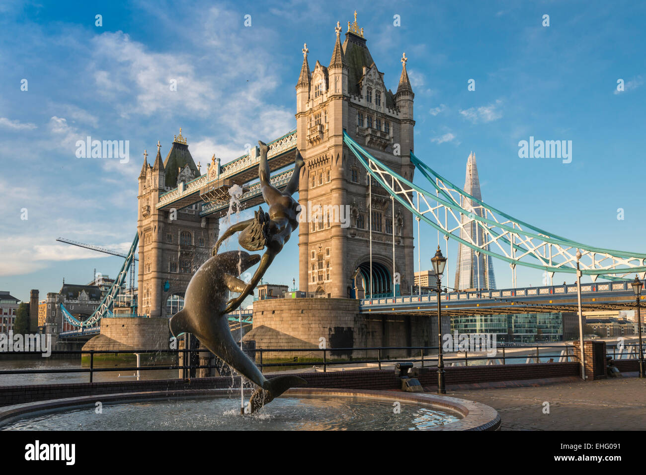 Sculpture of girl and dolphin on the north bank of River Thames in ...