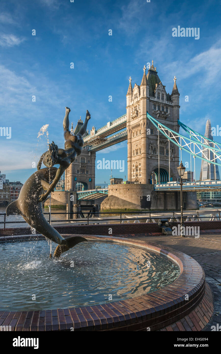 Sculpture of girl and dolphin on the north bank of River Thames in ...