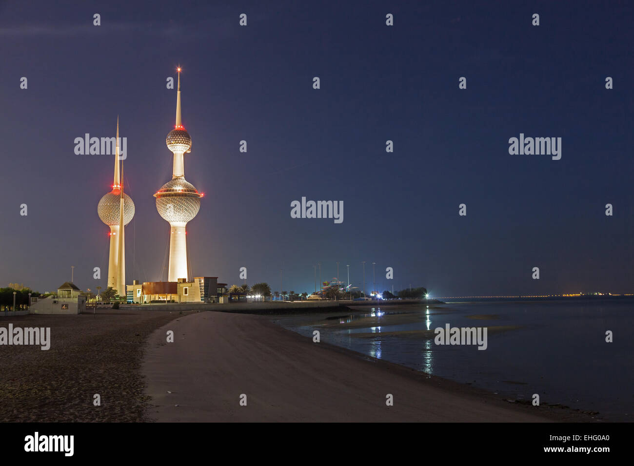 Arabian Gulf beach and the famous Kuwait Towers Stock Photo - Alamy