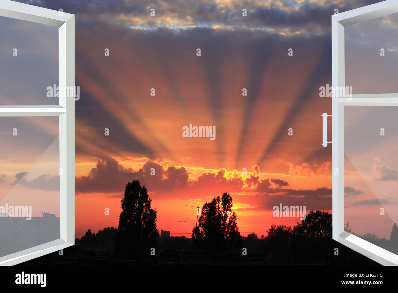 white window opened to the beautiful scarlet sunset Stock Photo - Alamy