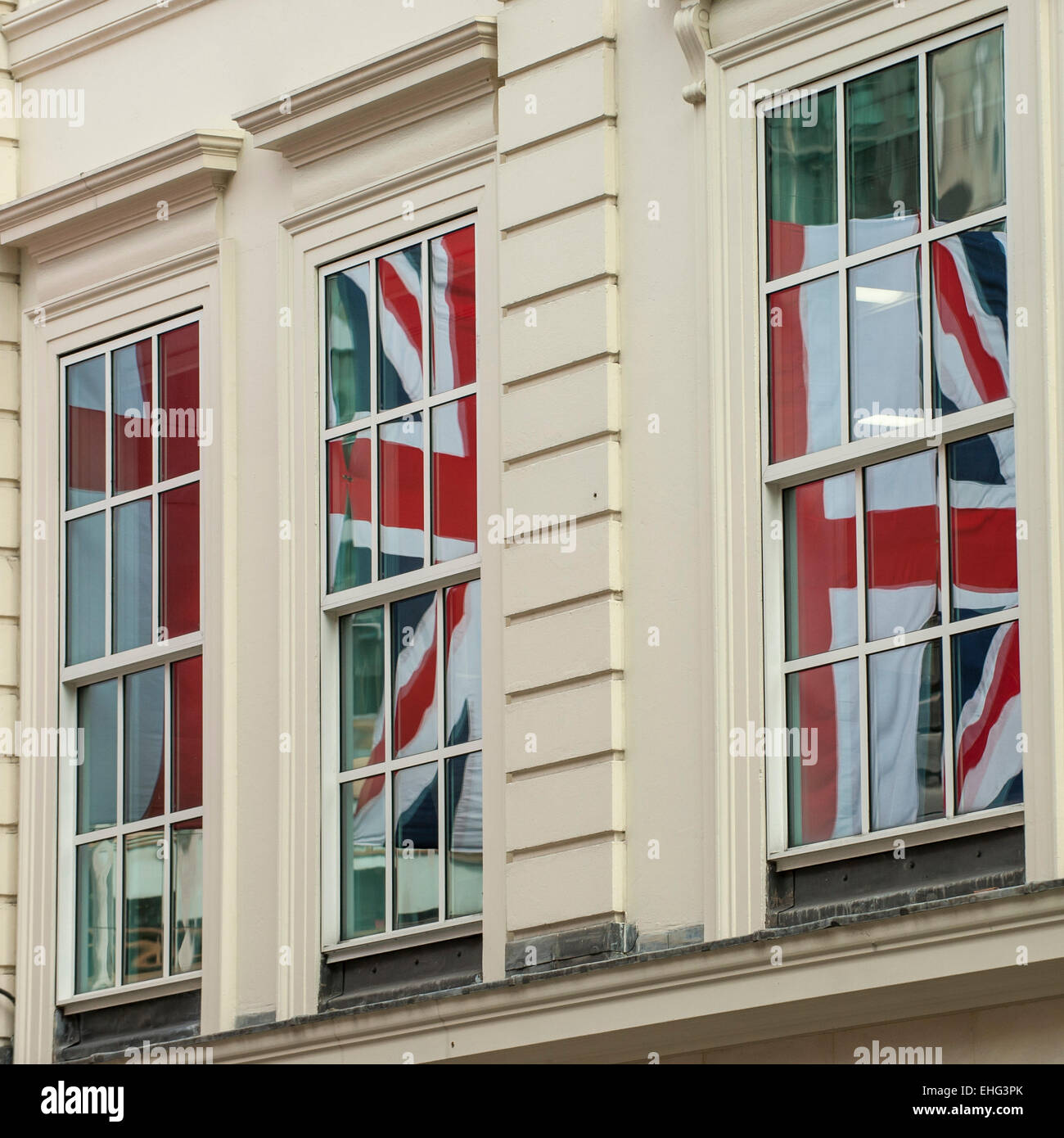 King Street, London, UK, 13 March 2015. Ceremonial flags reflected in ...