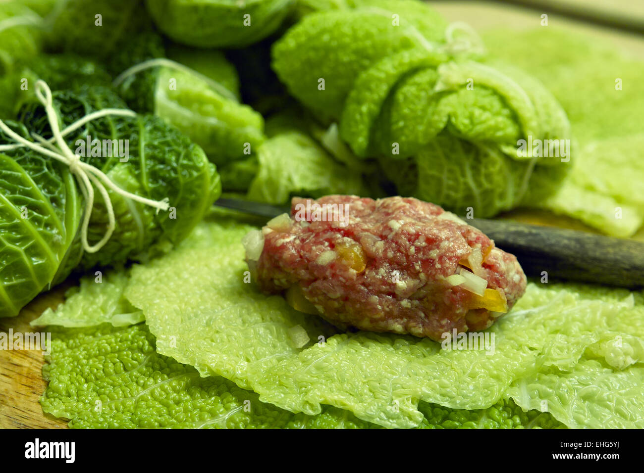 minced meat on cabbage leaf Stock Photo - Alamy
