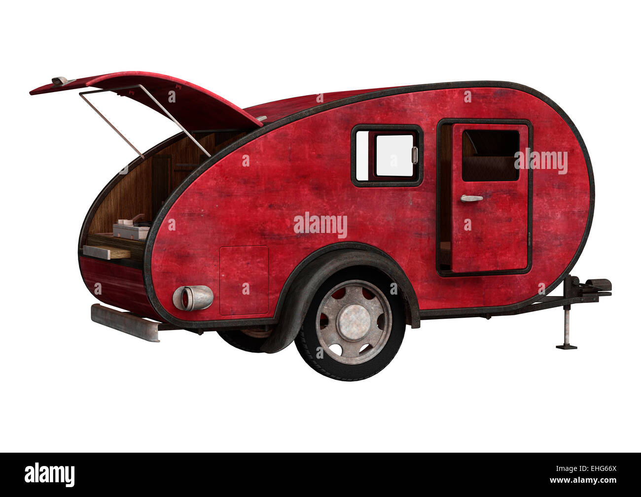 3D digital render of an old red camper isolated on white background ...