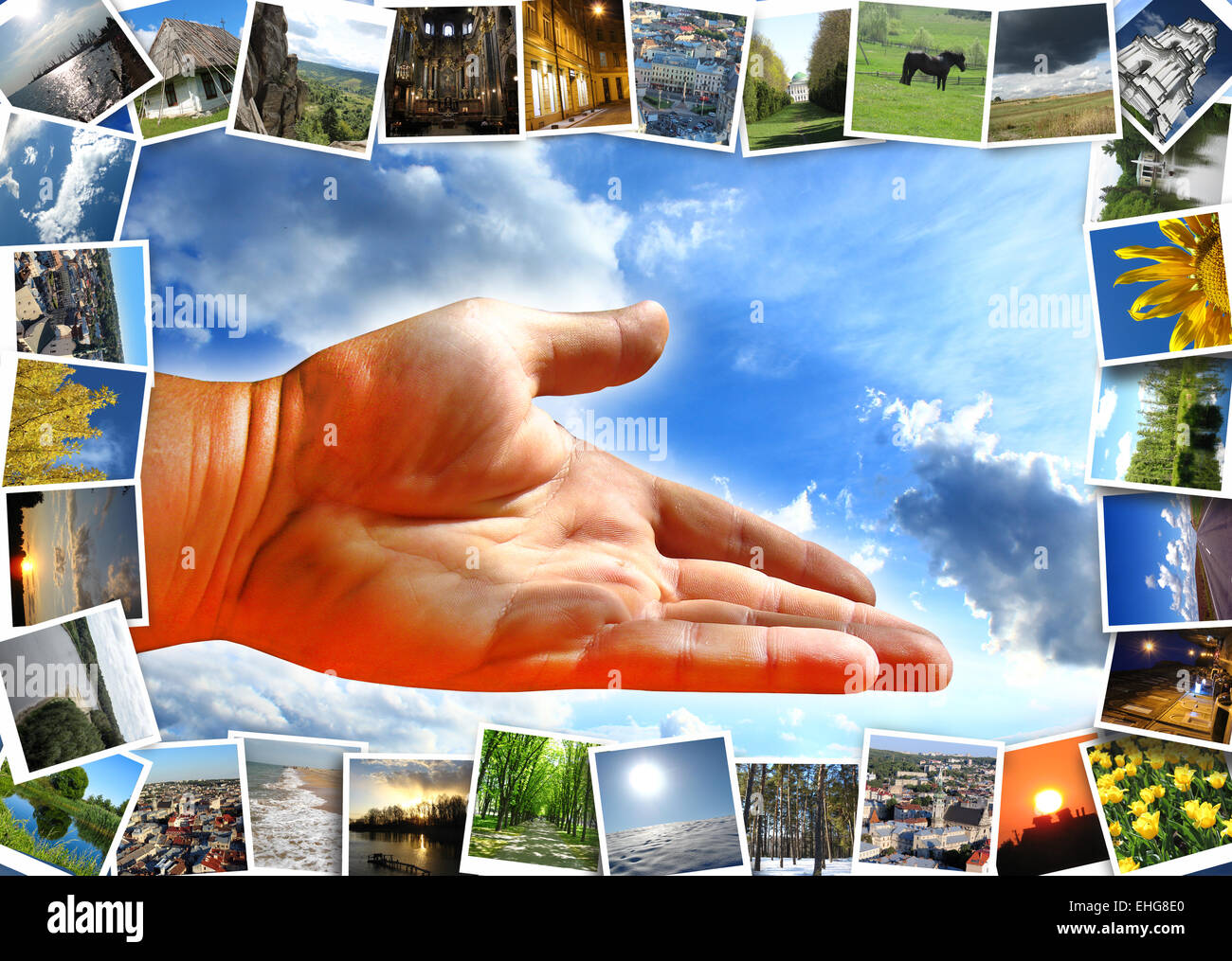 offering hand and many different images on the background of blue sky ...