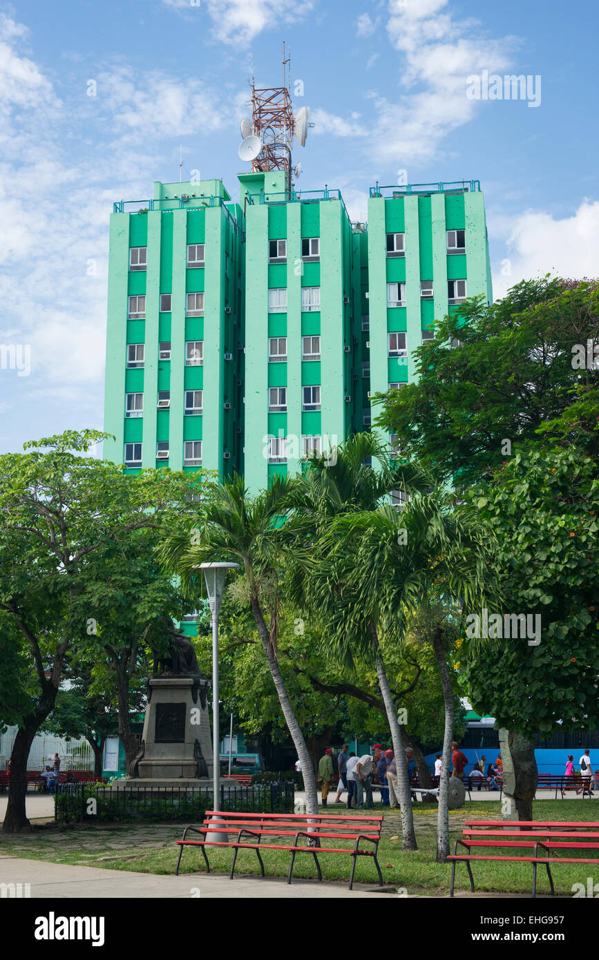 Cuba Santa Clara Libre Hotel painted green Parque Leoncio Vidal trees ...