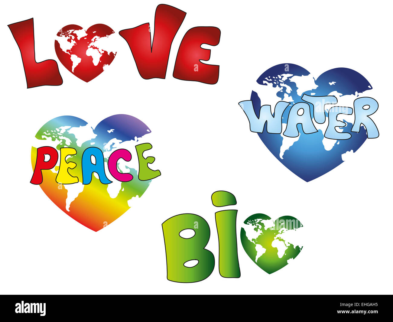 illustration of different world map: love, bio, peace and water Stock ...
