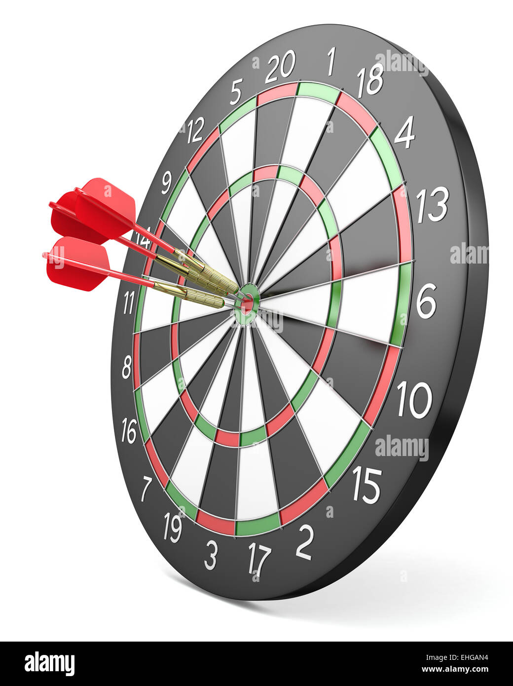 Three red darts hit center of board Stock Photo - Alamy