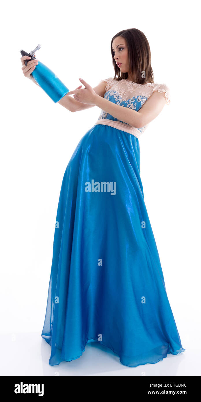 Woman in a blue dress holding a siphon Stock Photo - Alamy