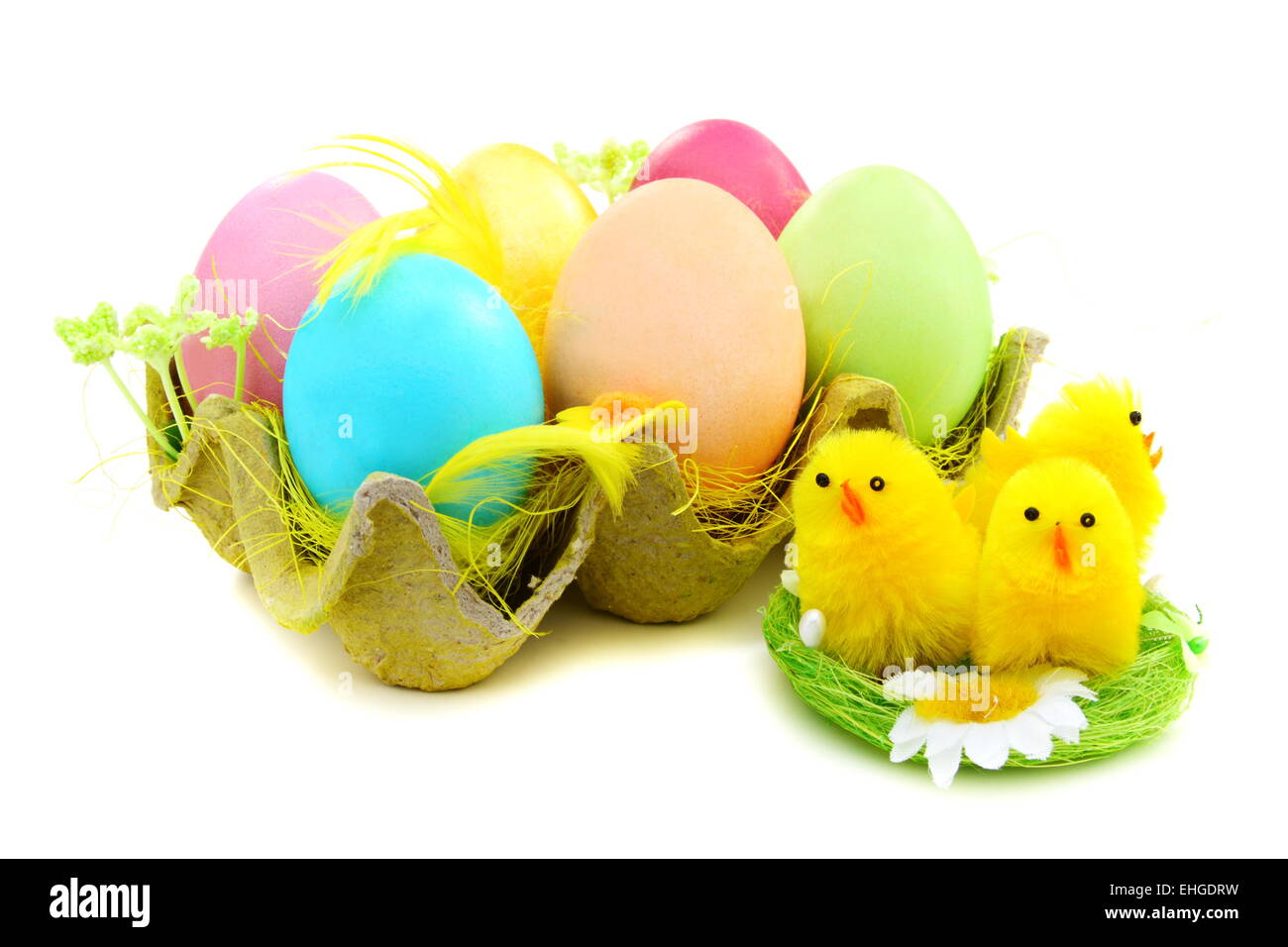 Easter eggs and chicks in nest Stock Photo - Alamy
