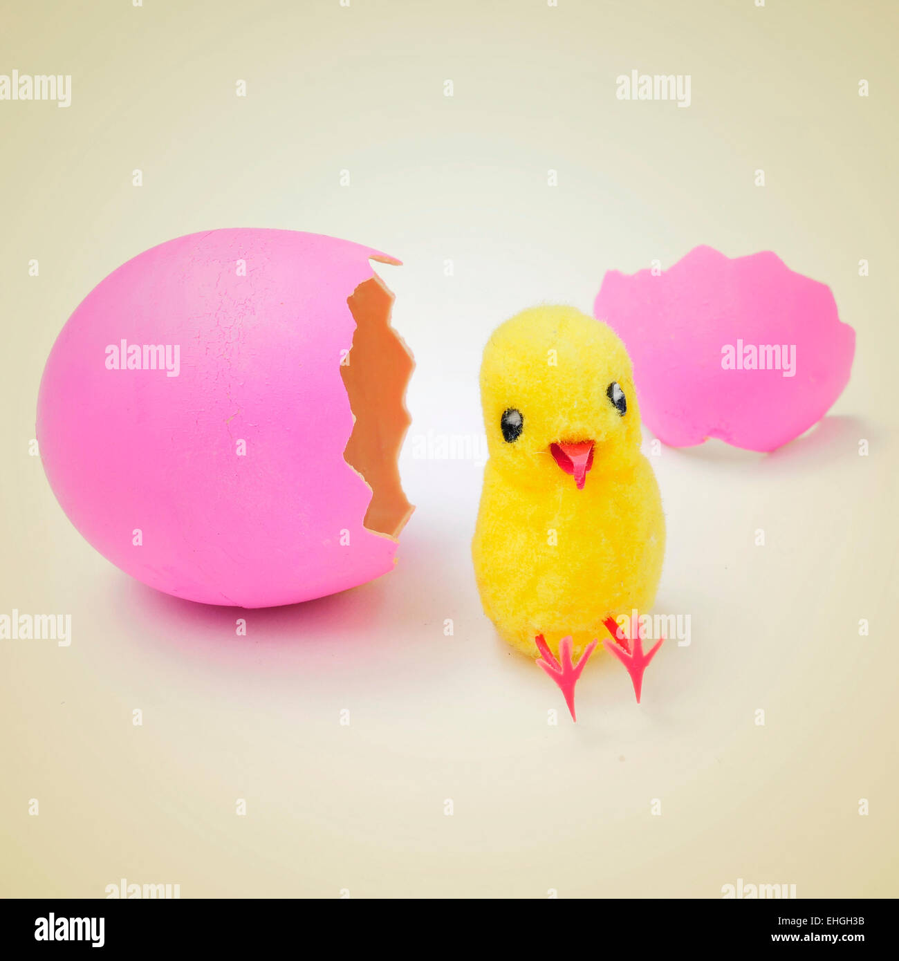 a teddy chick emerged from a hatched pink easter egg, with a filter ...