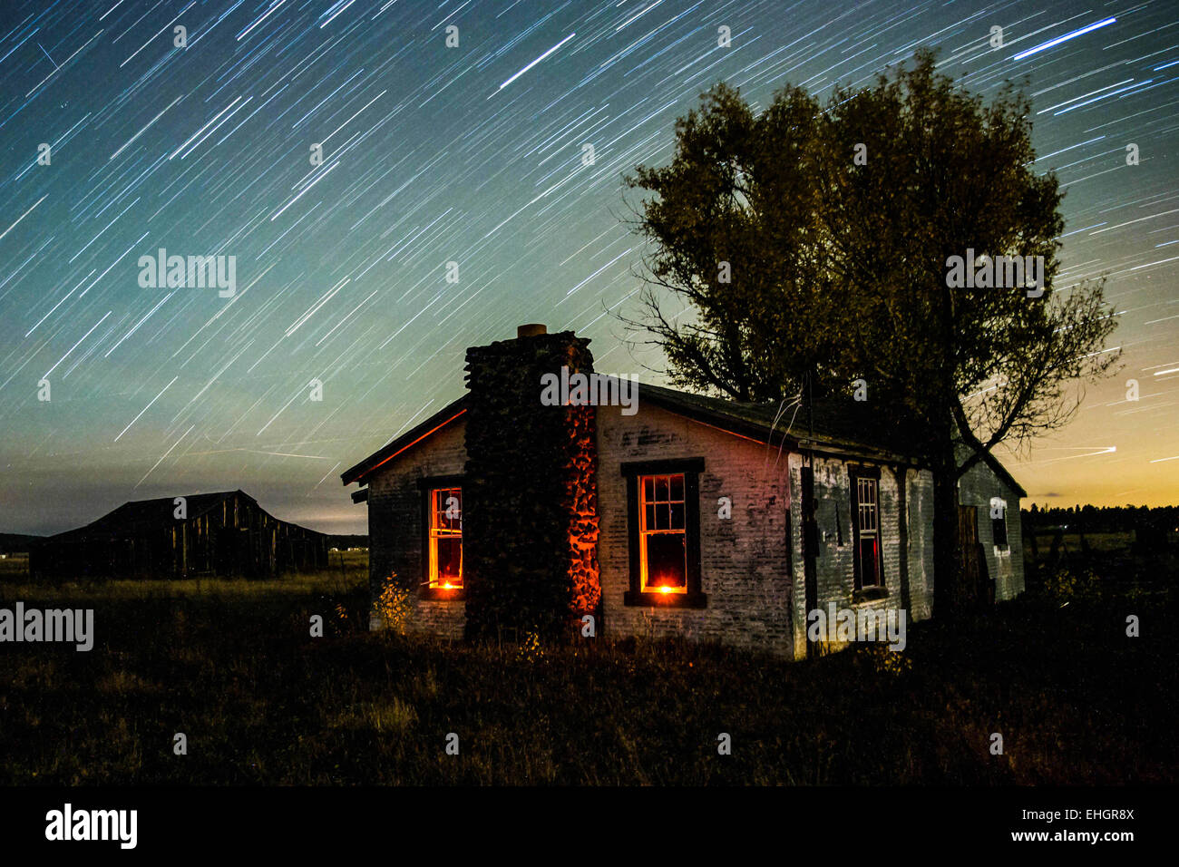 star trails over a ranch house Stock Photo - Alamy