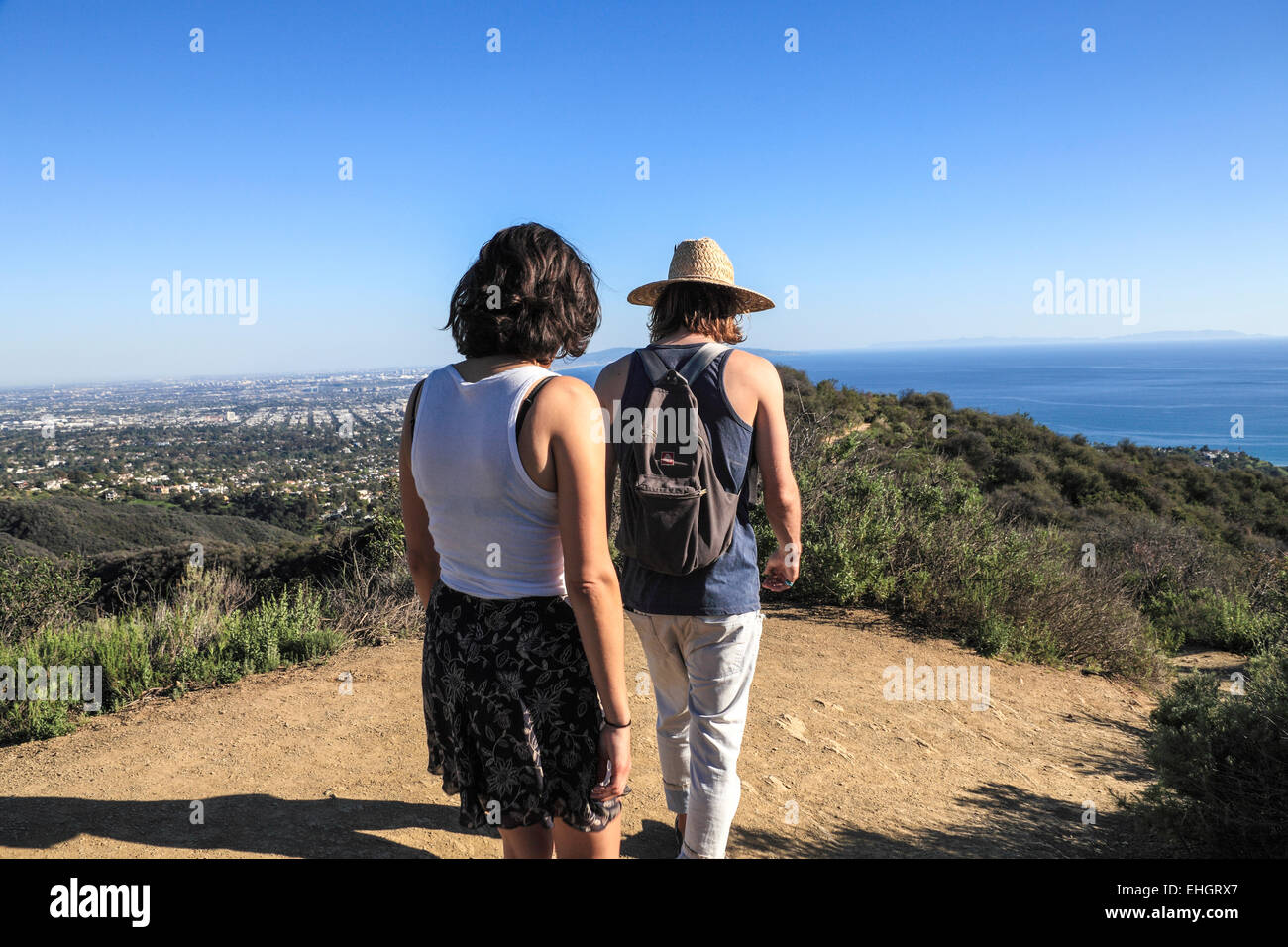 Hikers on the Temescal Ridge Trail, with Santa Monica Bay in distance ...