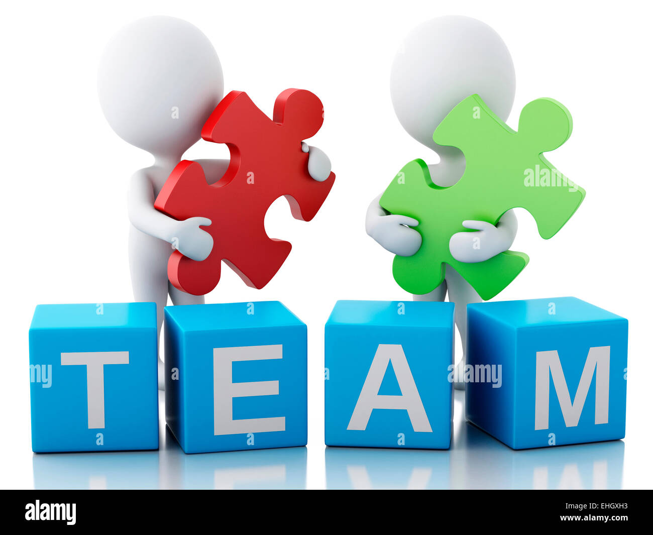 3d image. White people work together with puzzle piece. Team concept ...