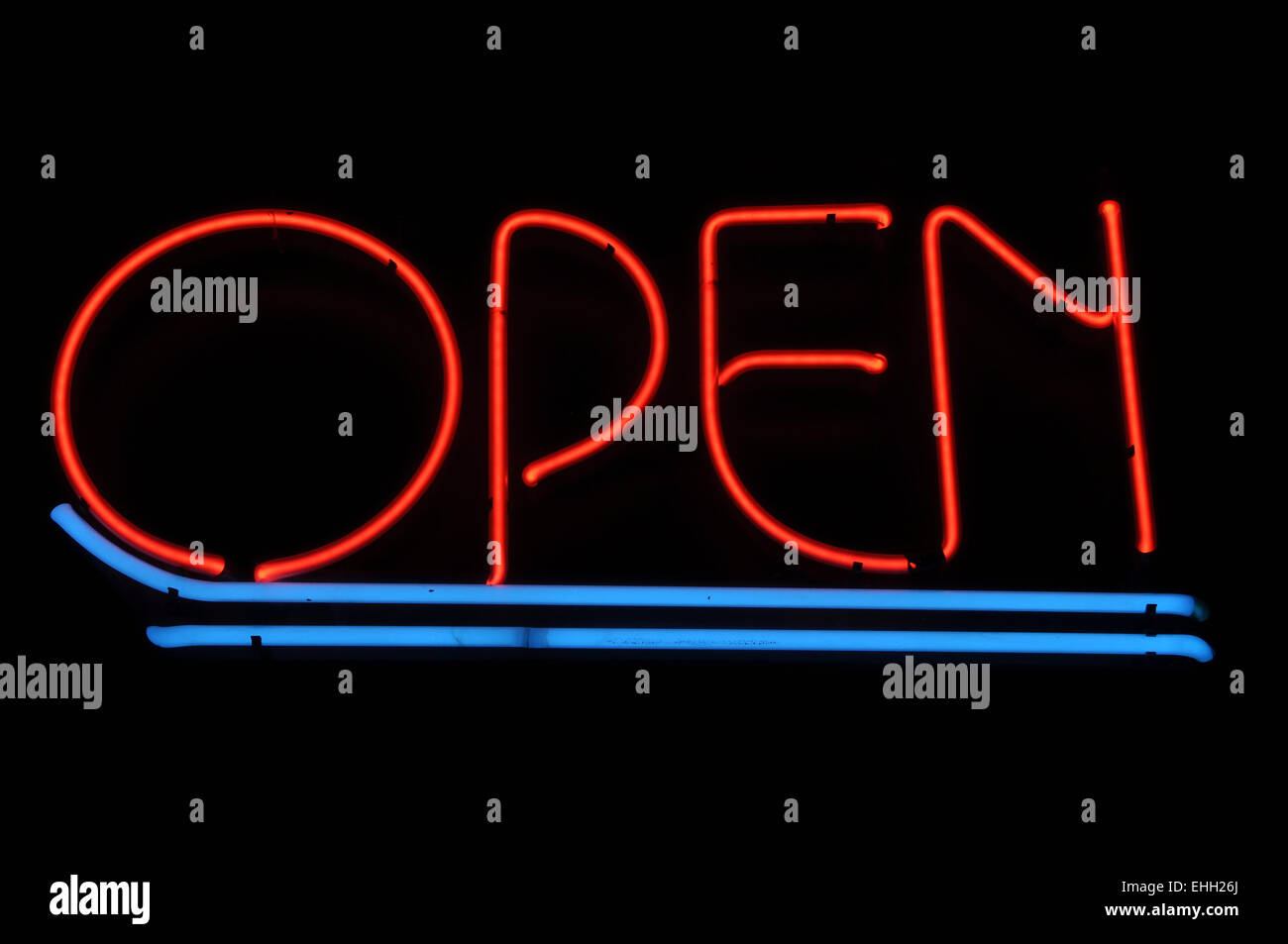 Open Red and Blue Neon Sign Stock Photo - Alamy