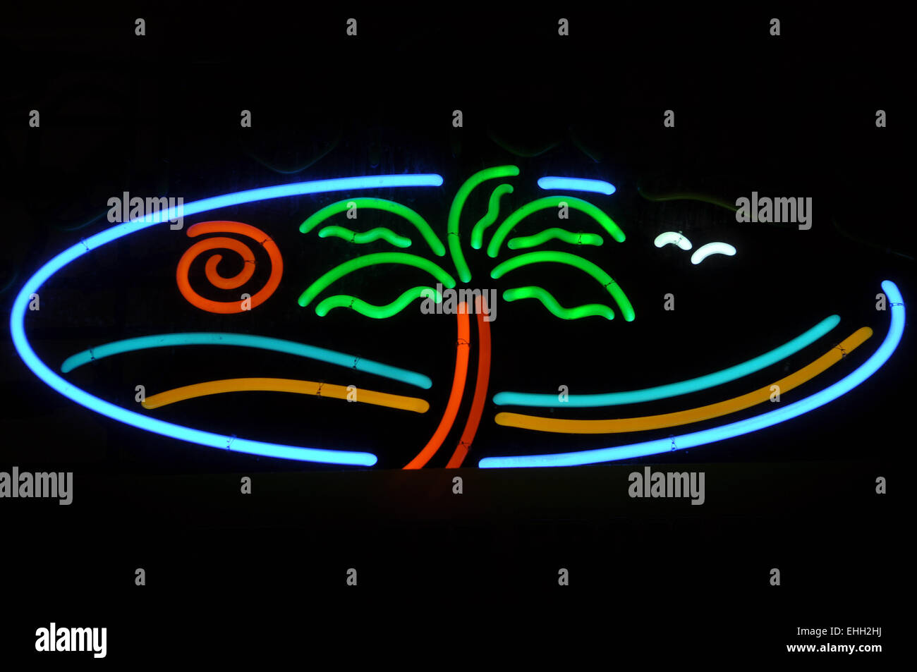 Tropical Beach Neon Sign with Palm Tree Stock Photo - Alamy