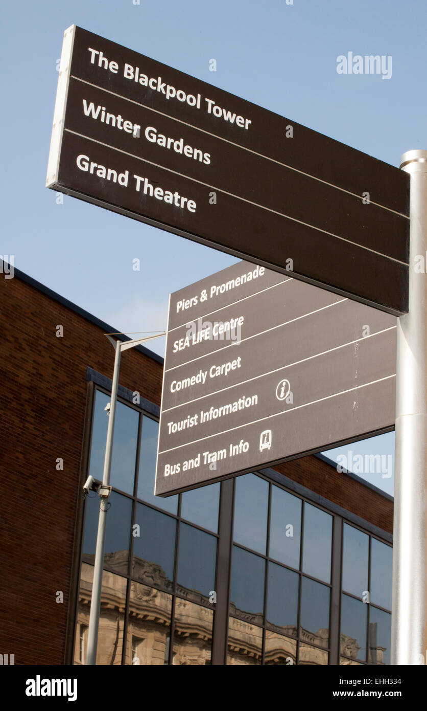 Fingerpost or waymarker signaling the way to Blackpool Tower Stock ...