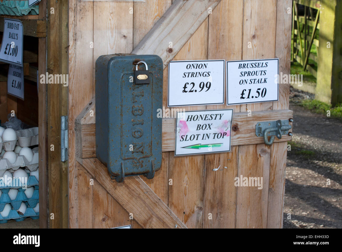 An honesty box at a road side grocery stall in Roseacre, Lancashire, UK ...