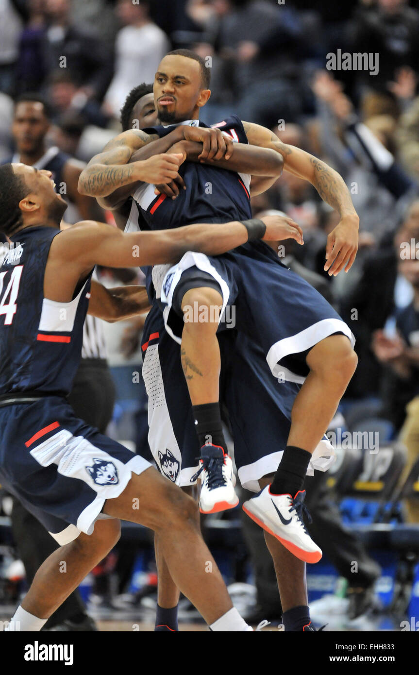 March 13th 2015:Ryan Boatright (11) of Uconn is lifted by a teammate ...