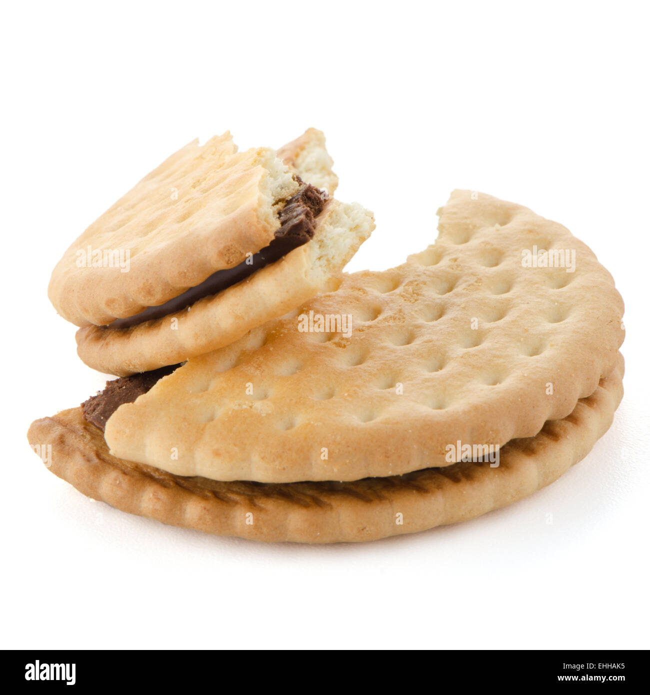 Sandwich biscuits with chocolate filling on a white background Stock ...