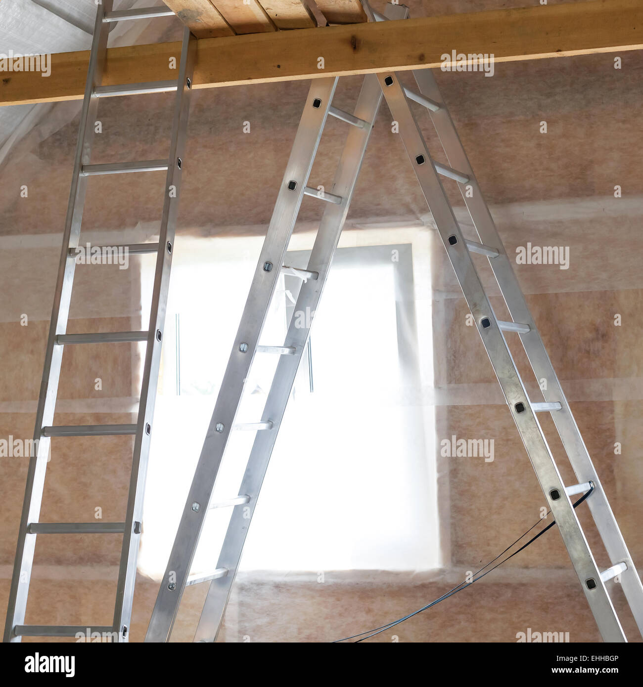 Inside wall insulation in wooden house, building under construction ...