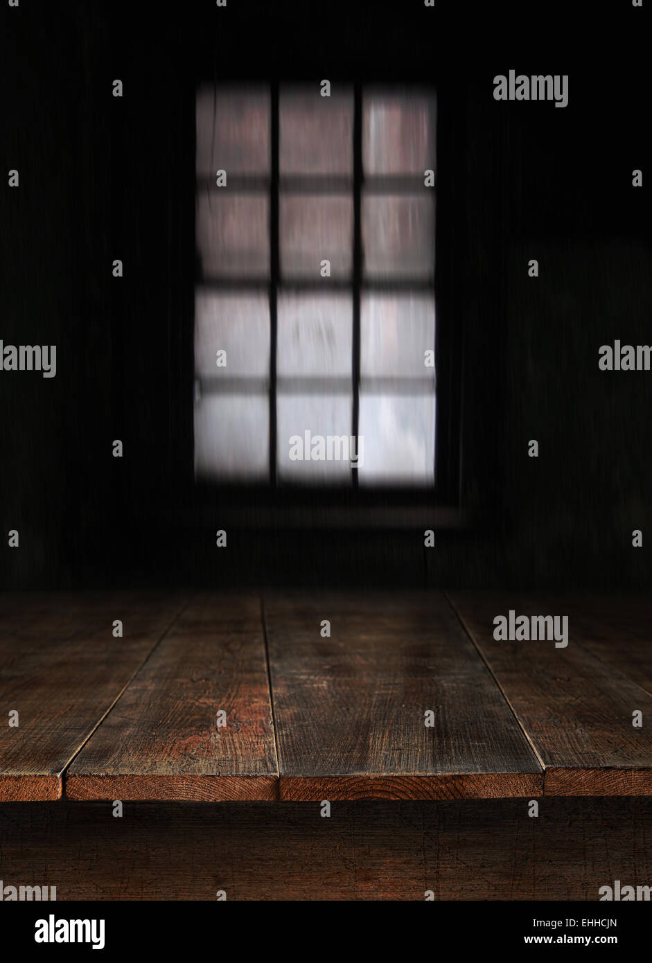 Wooden table with window Stock Photo - Alamy