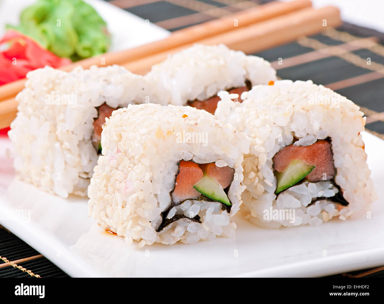 Tuna and avocado traditional japanese sushi rolls hi-res stock ...