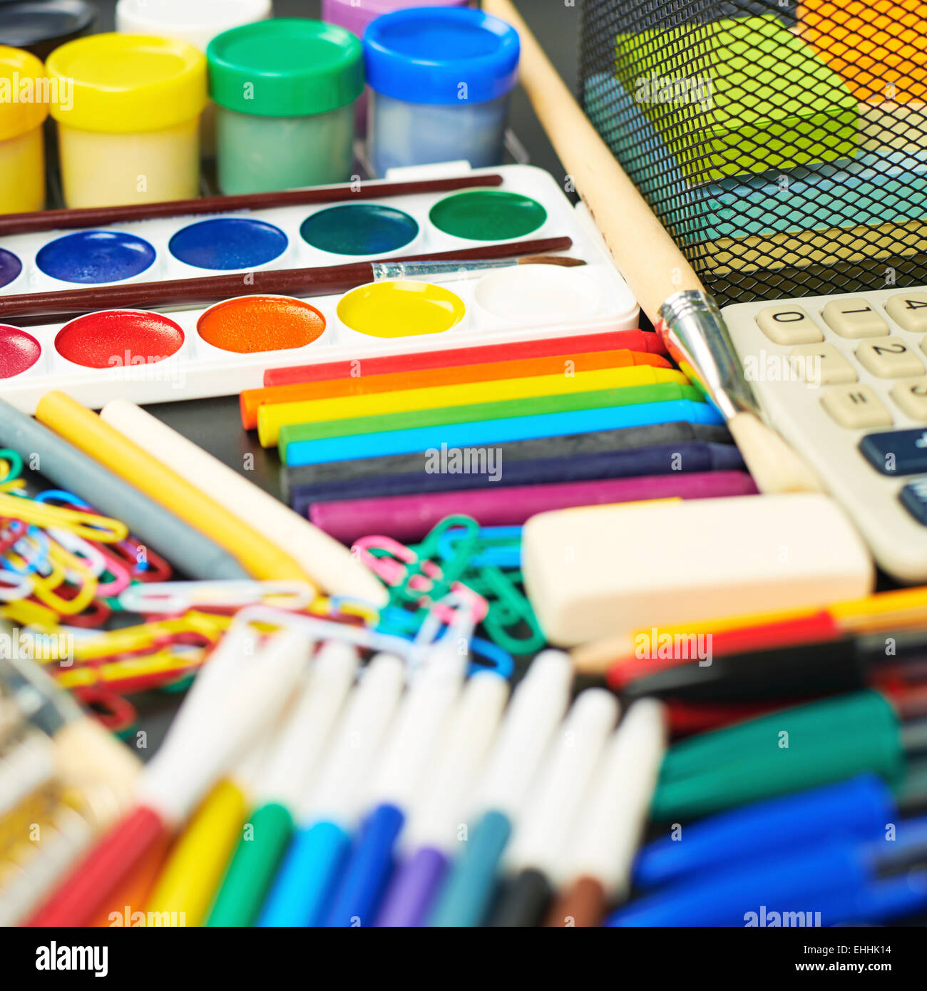 Desk covered with multiple stationery Stock Photo - Alamy