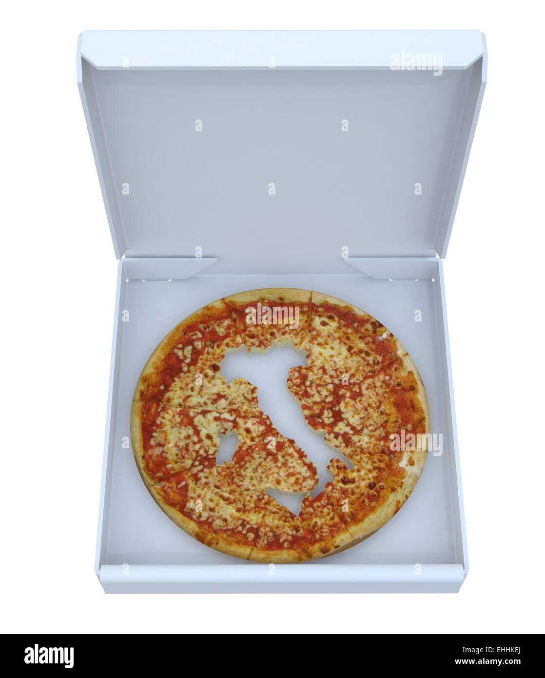 Italy country map cropped on pizza inside box, isolated on white, 3d ...