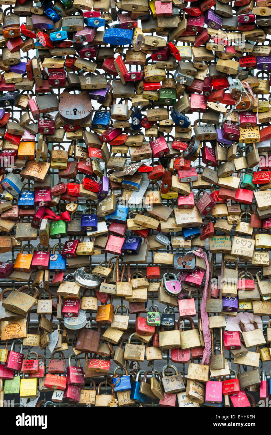 Many padlocks in different colors on a fence in Cologne, Germany Stock ...