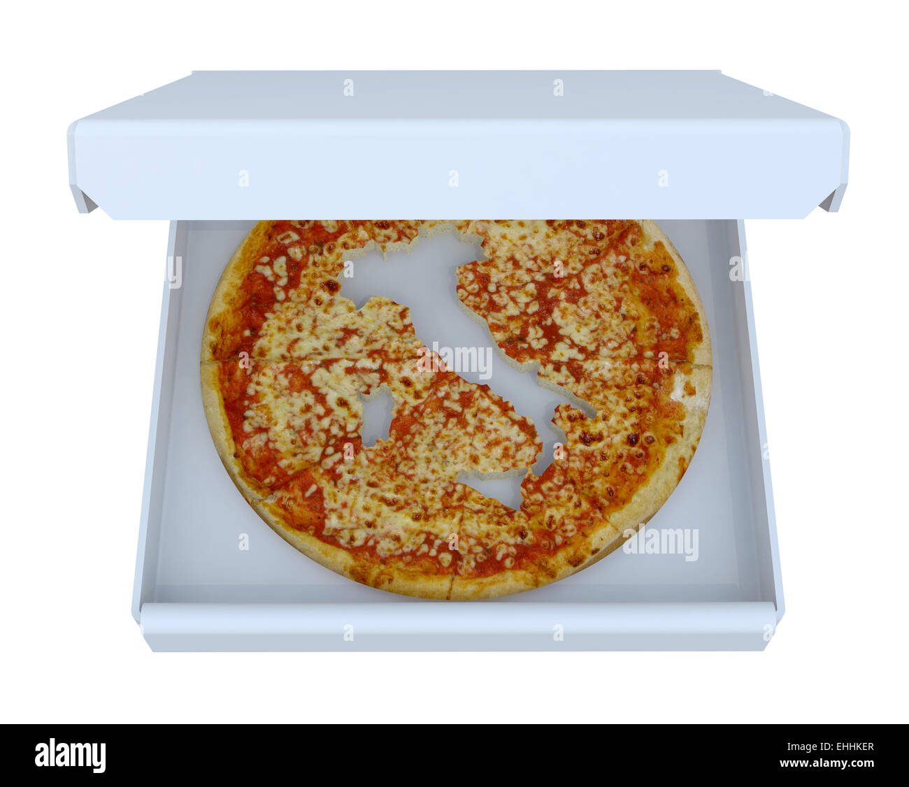 Italy country map cropped on pizza inside box, isolated on white, 3d ...