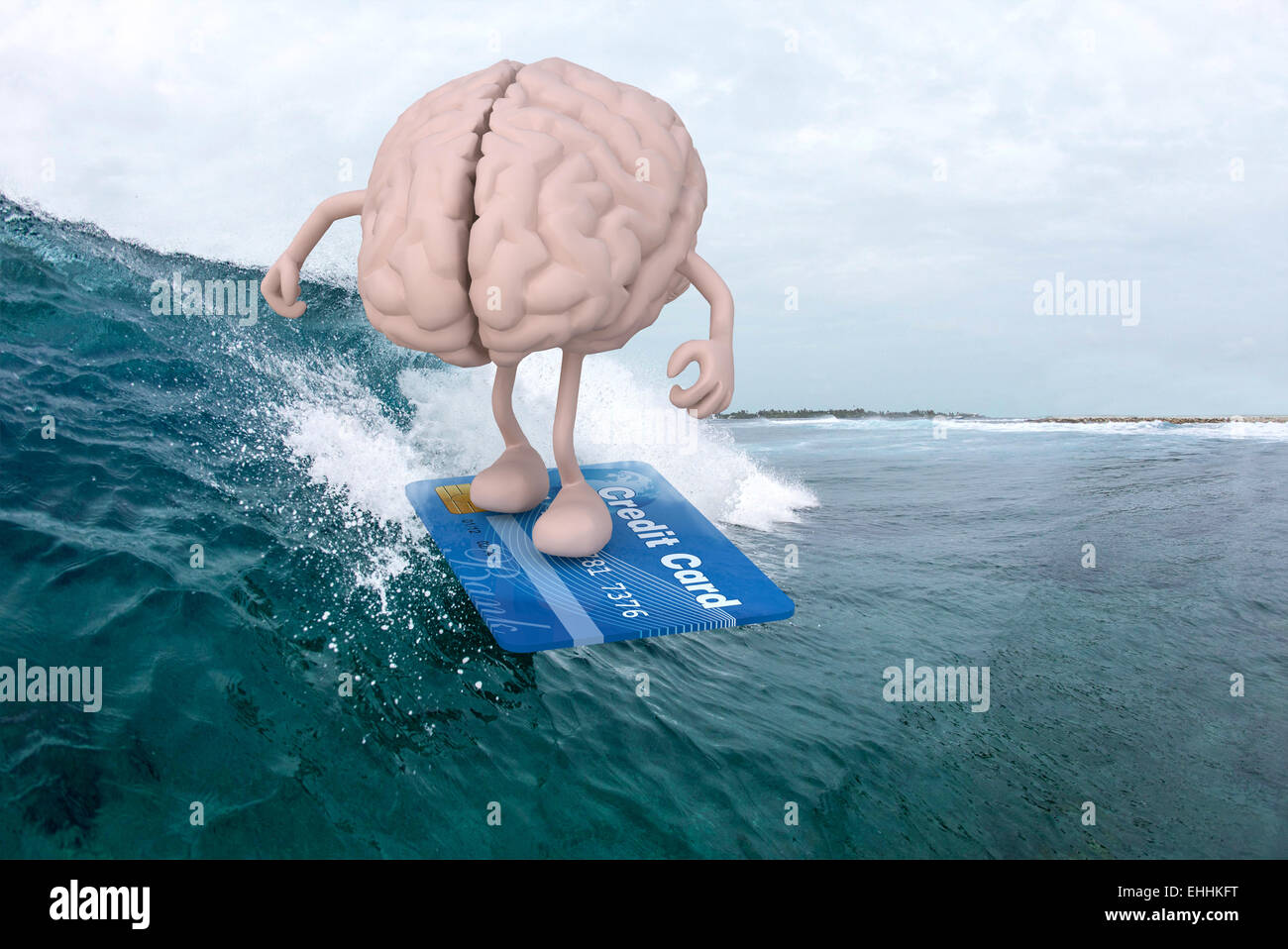 human brain with arms and legs surfing with credit card surfboard, 3d ...