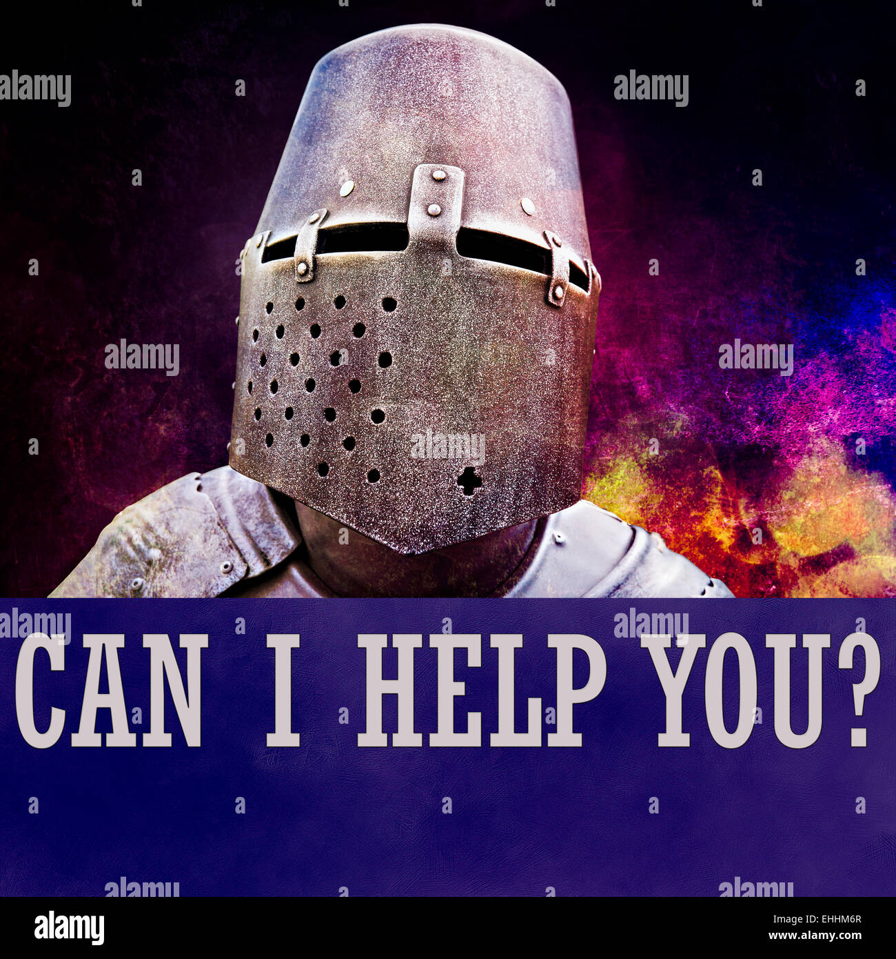 Medieval knight funny poster - Can I help you Stock Photo - Alamy