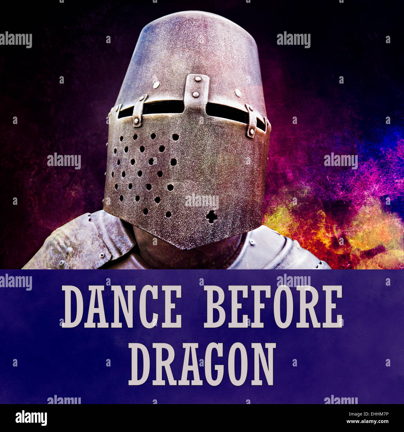 Medieval knight funny poster - Dance before dragon Stock Photo - Alamy