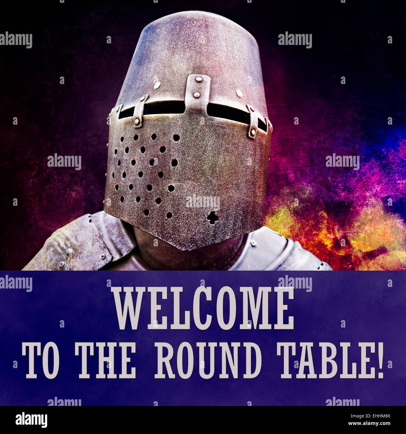 Medieval knight funny poster - Welcome to the round table Stock Photo ...