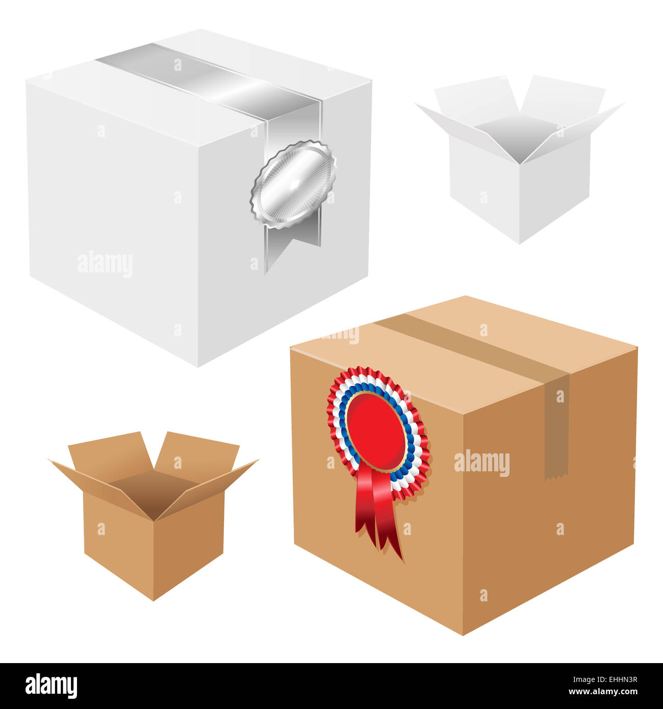 Set Of Boxes With Badges Stock Photo - Alamy