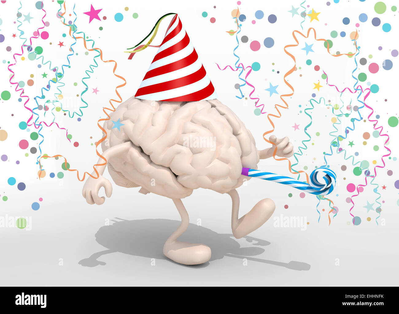 human brain with arms, legs, party cap, blowers and carnival ...