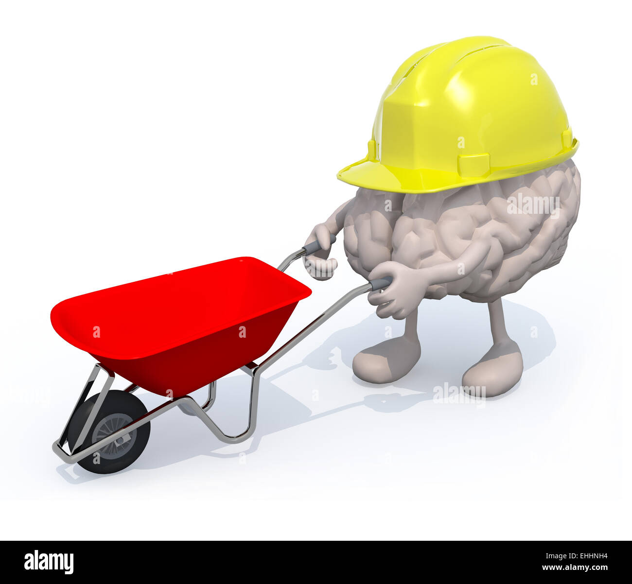 human brain with arms, legs and workhelmet carries a wheelbarrow, 3d ...