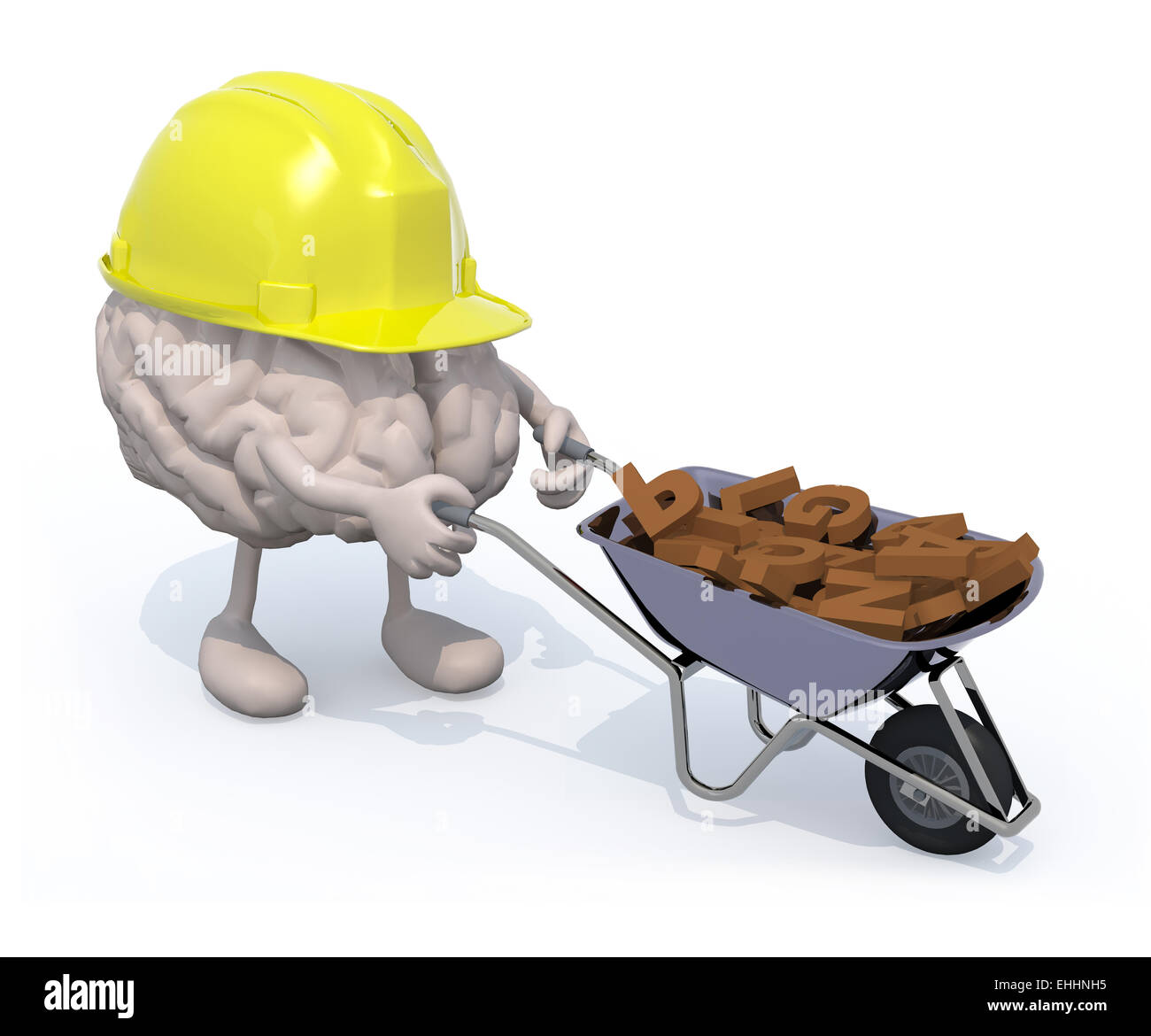 human brain with arms, legs and workhelmet carries a wheelbarrow with ...