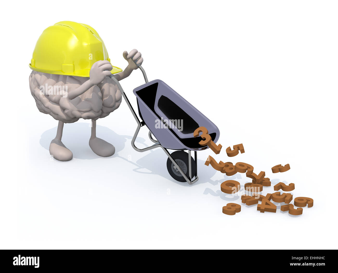 human brain with arms, legs and workhelmet carries a wheelbarrow with ...