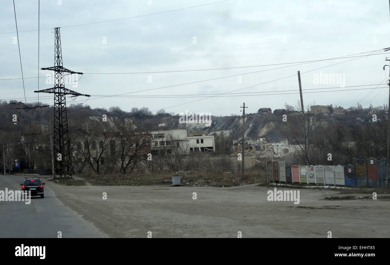 Lisichansk, Ukraine. 12th Mar, 2015. The car goes on the road to ...