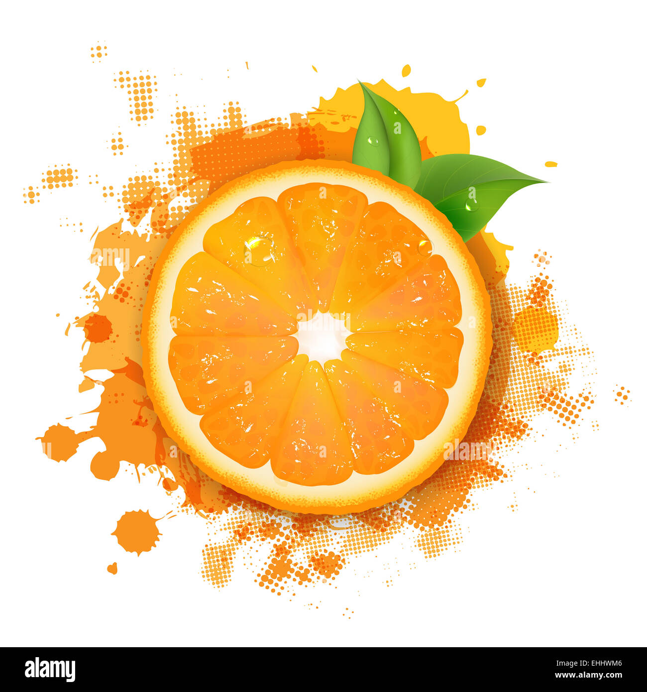 Orange With Orange Blob And Green Leaves Stock Photo - Alamy