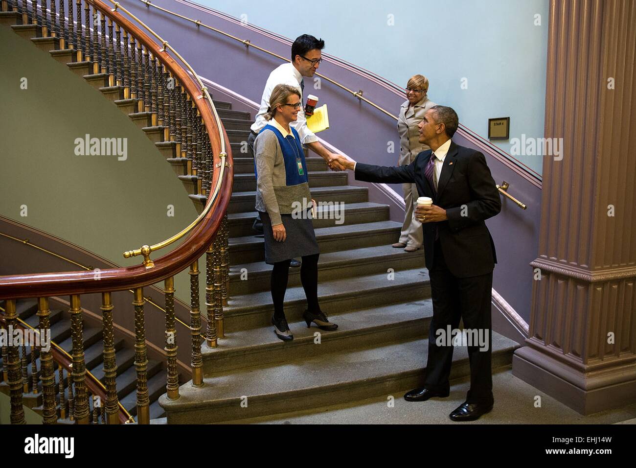 US President Barack Obama greets staff in the Eisenhower Executive ...