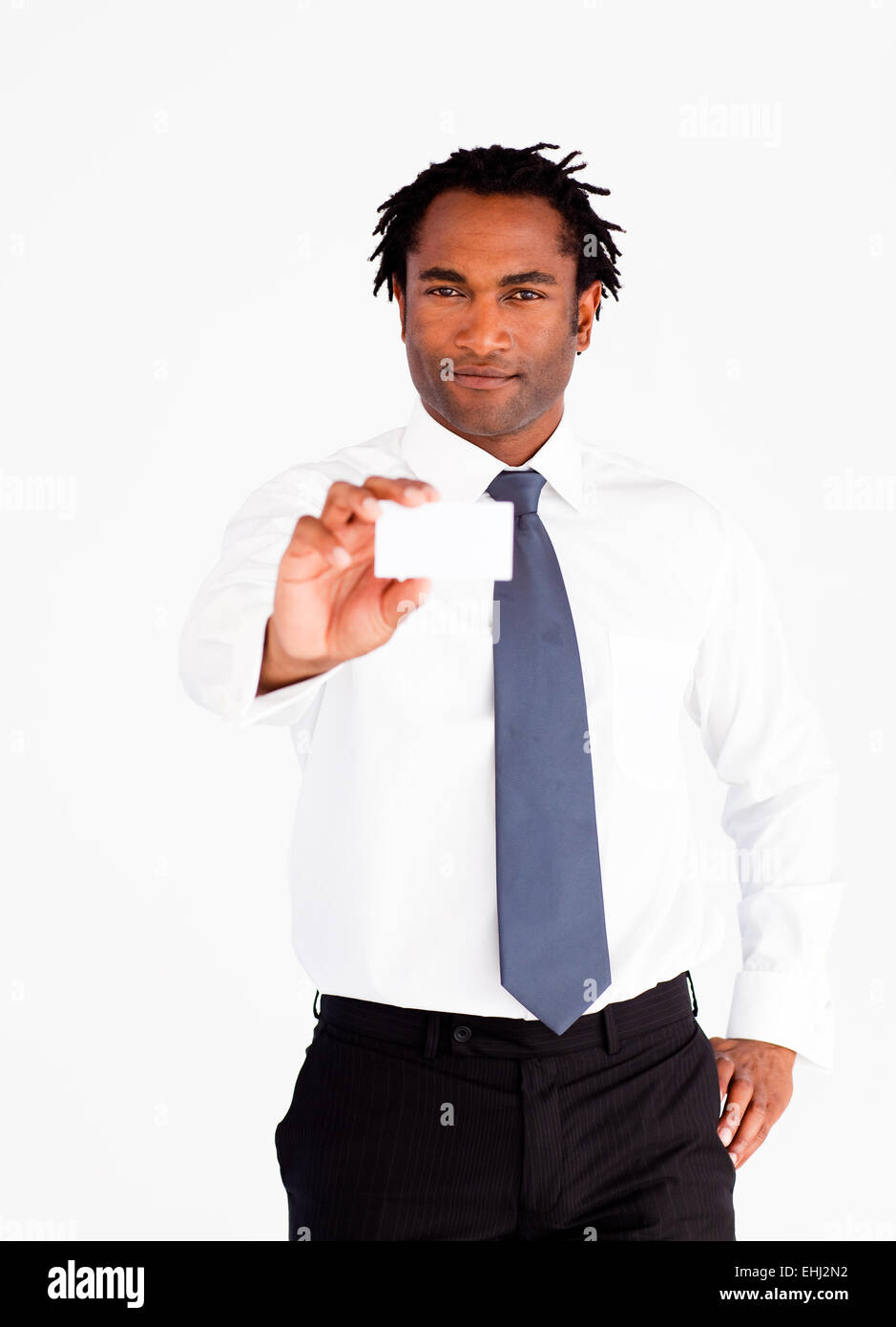 Serious businessman holding white card Stock Photo - Alamy