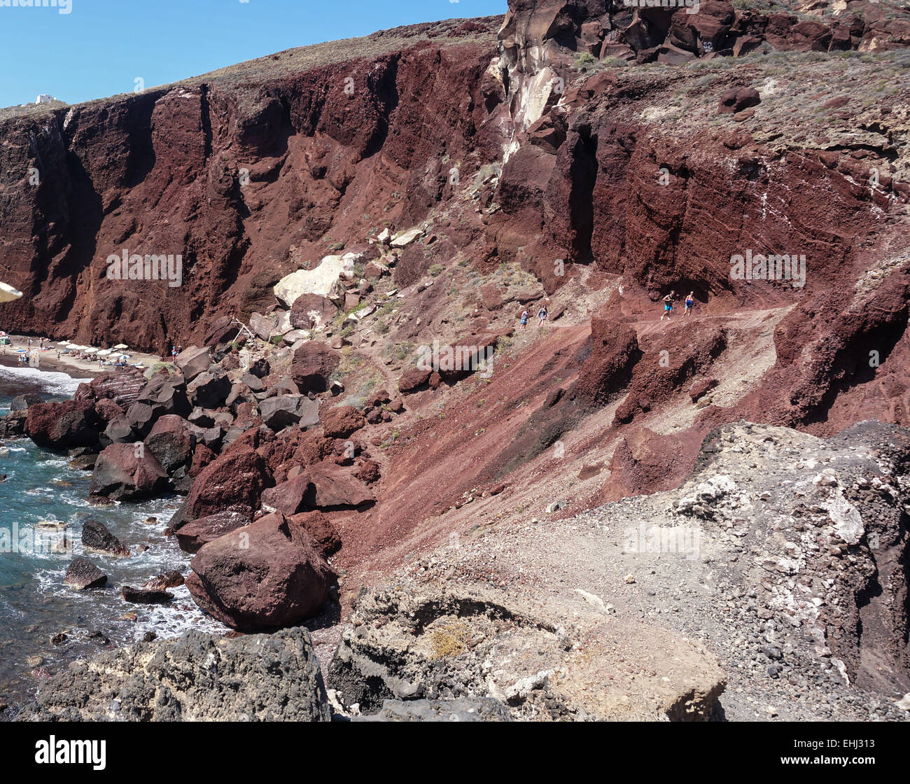 Santorini cliff coast with blue ocean of Aegean Sea, Greece Stock Photo ...