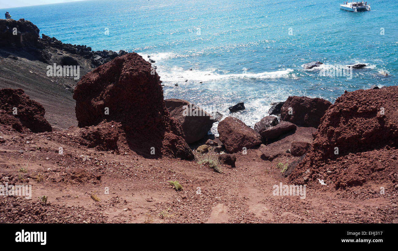 Santorini cliff coast with blue ocean of Aegean Sea, Greece Stock Photo ...